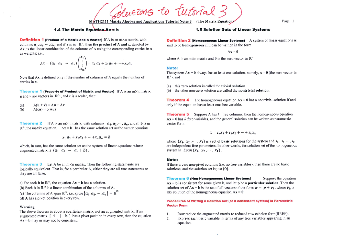 Solutions to MATH 2111 Tutorial Notes 3 (The Matrix Equation ...