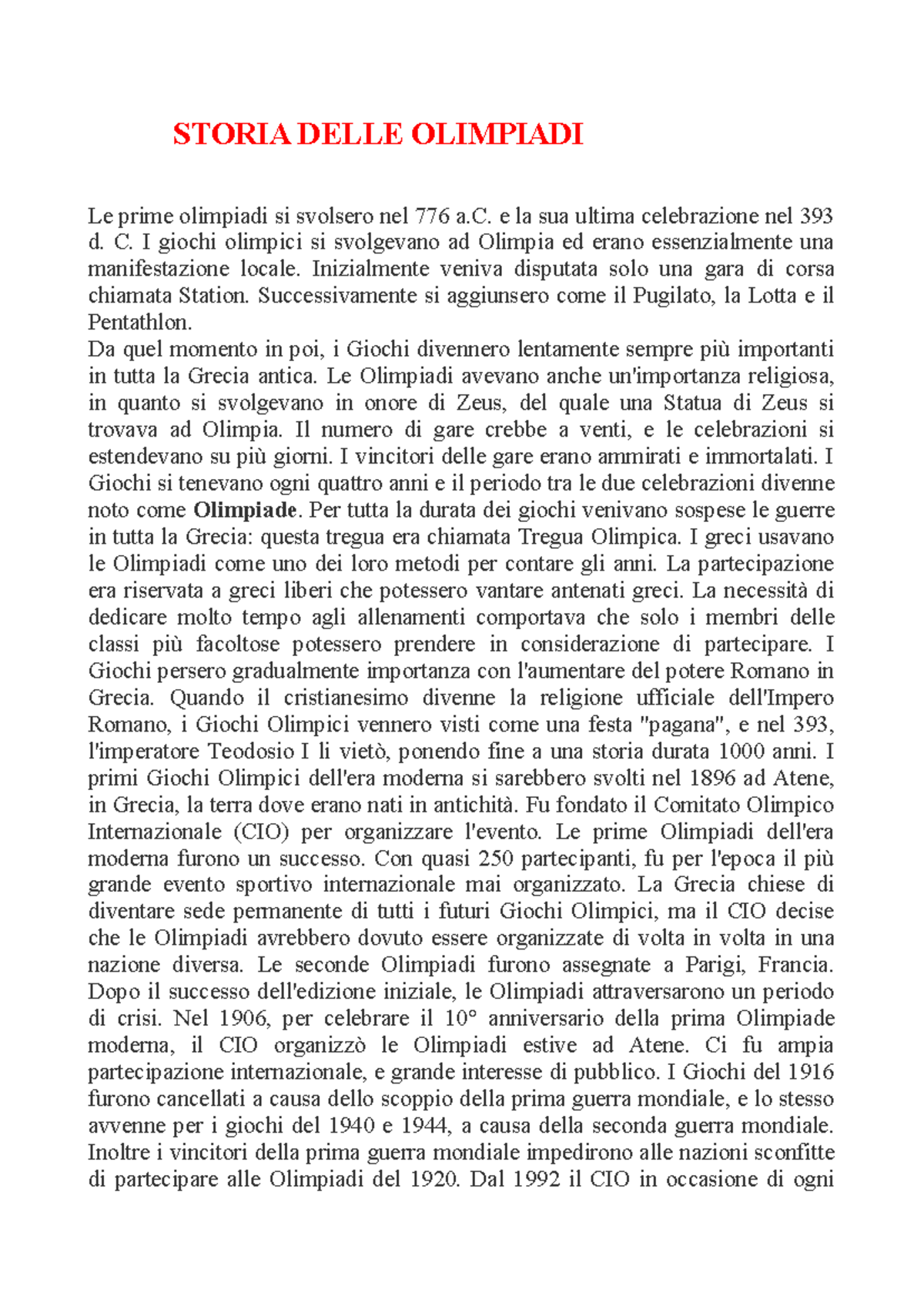 La storia delle olimpiadi - STORIA DELLE OLIMPIADI Le prime olimpiadi ...
