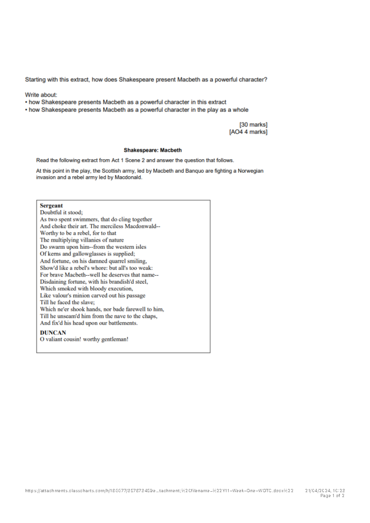 Year 11 past paper question Macbeth - - Studocu