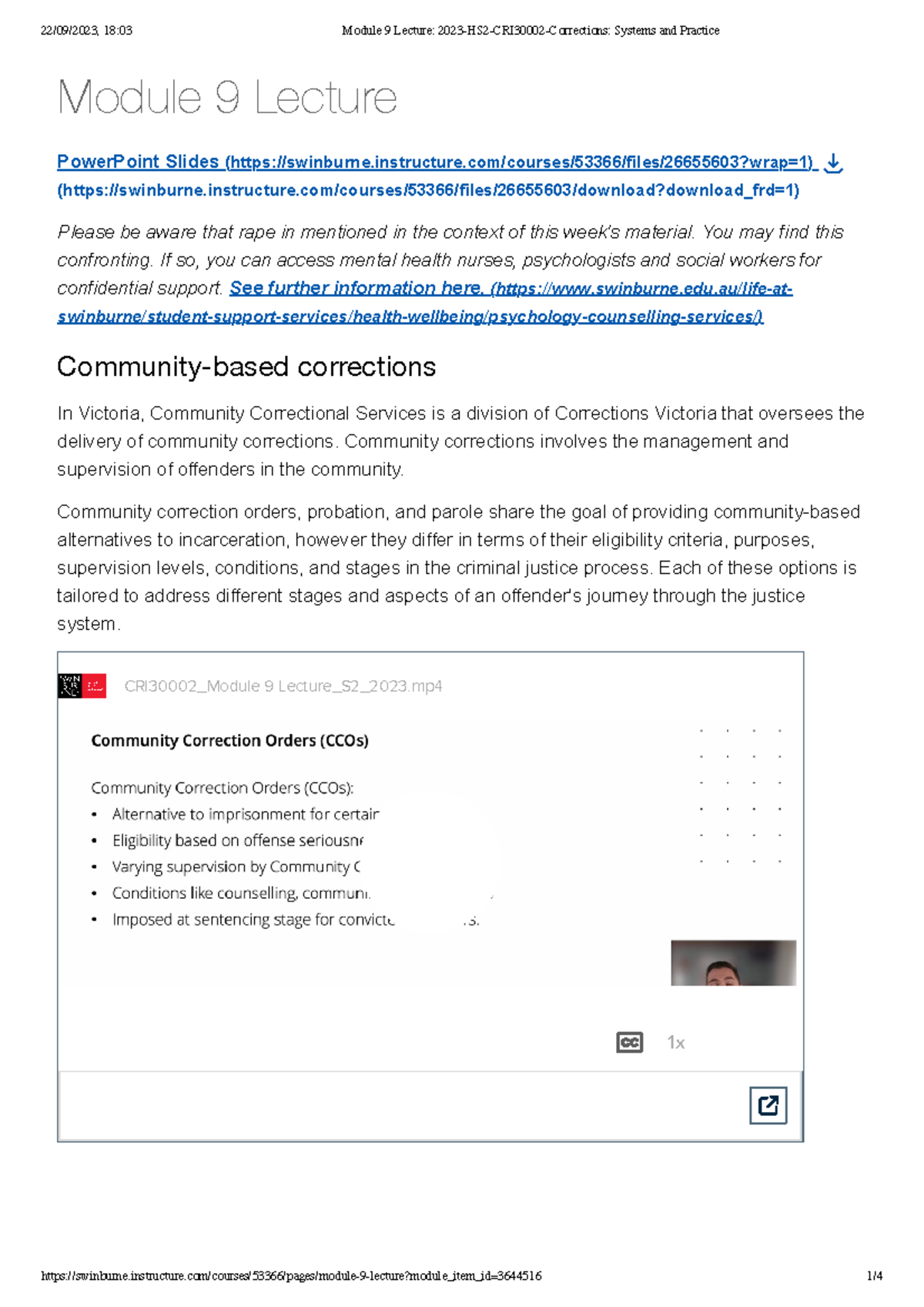 Module 9 Lecture 2023-HS2-CRI30002-Corrections Systems and Practice - Module 9 Lecture ...