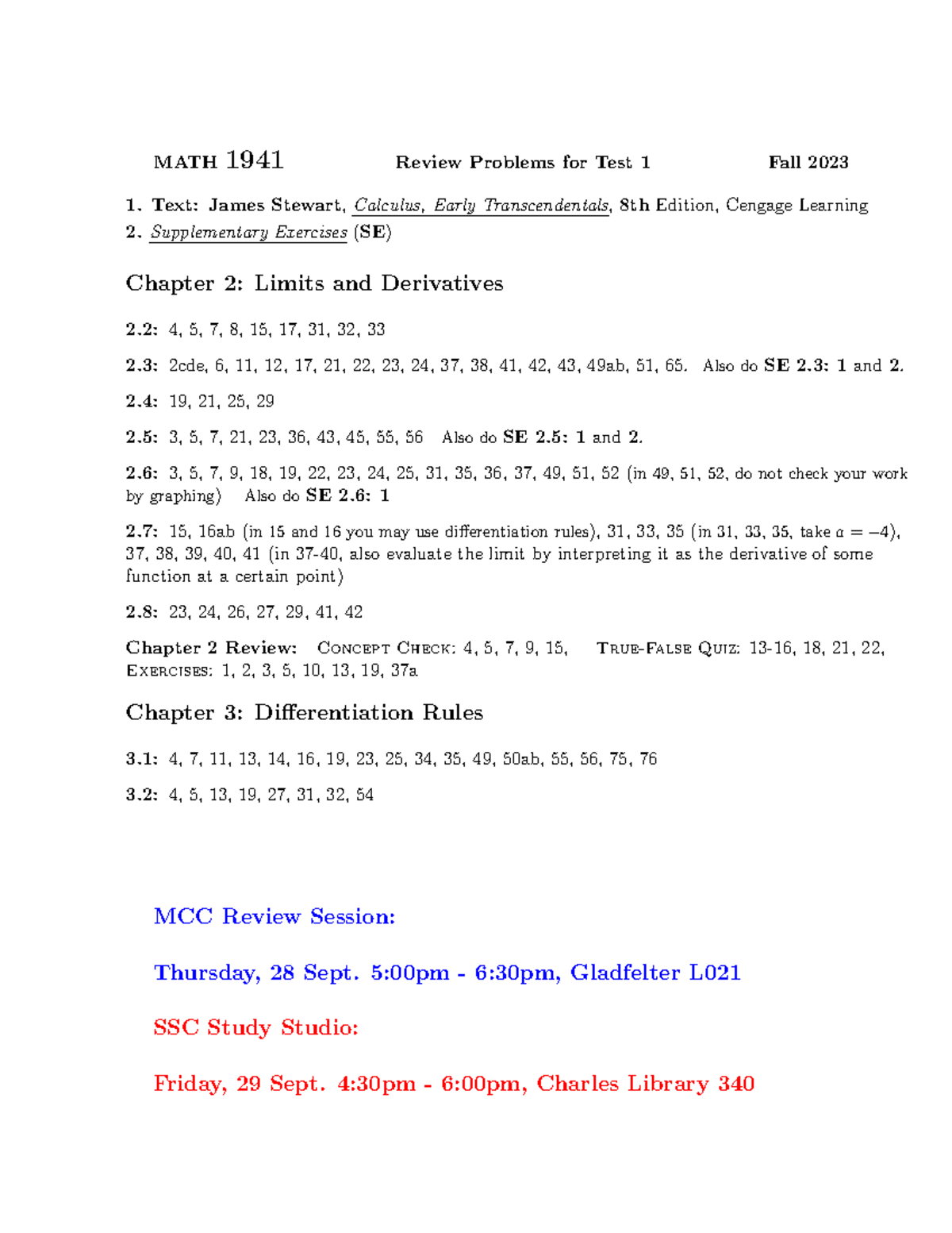 1941Exam1Review List Fa 23 - MATH 1941 Review Problems for Test 1 Fall ...