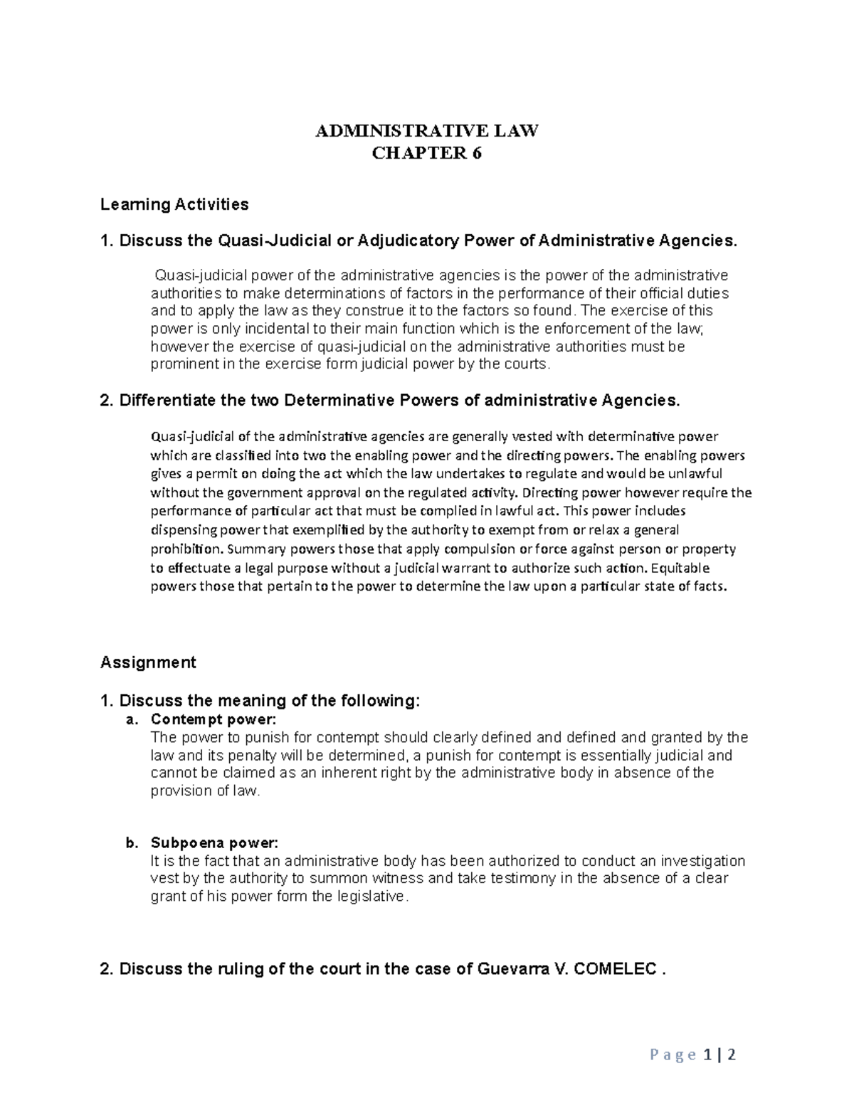 Administrative Law 6 - It contains the Evaluation of learning activity ...