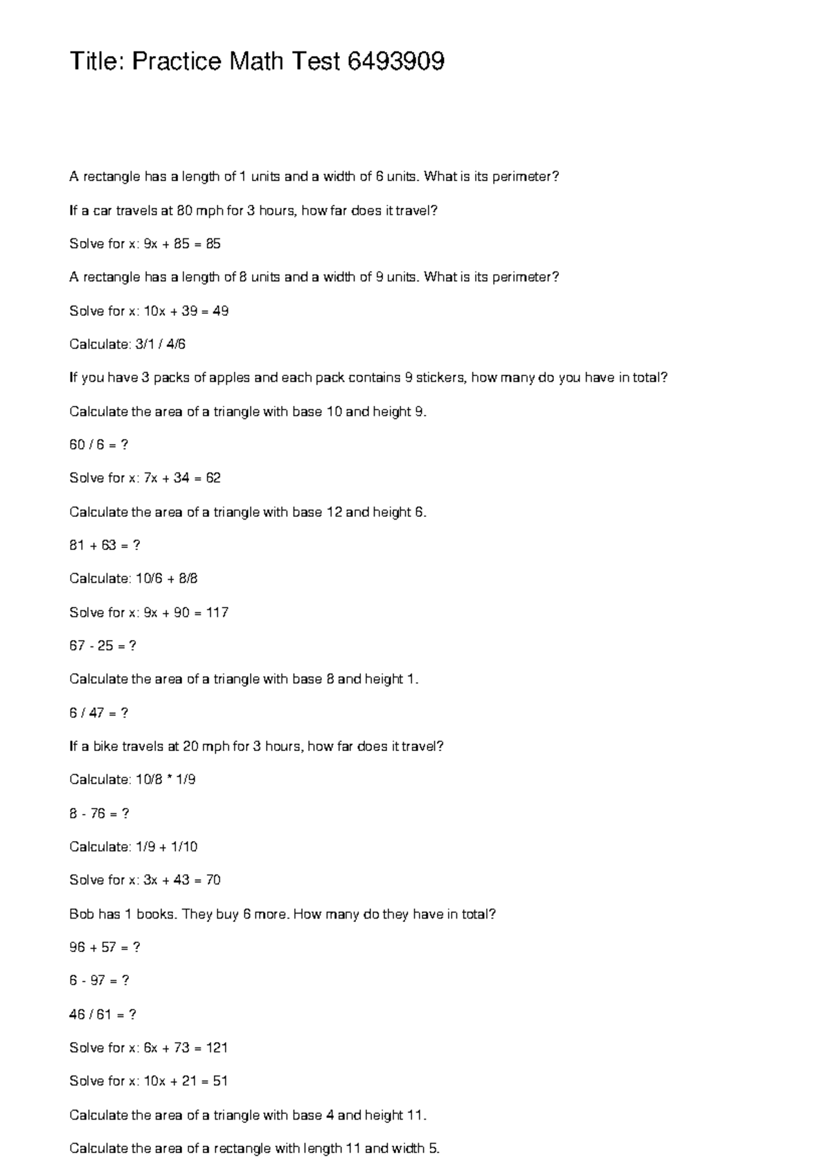 Practice Math Test 6493909 - Title: Practice Math Test 6493909 A ...