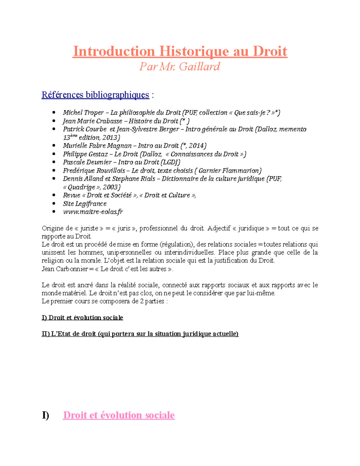 Introduction générale droit - Introduction Historique au Droit Par Mr ...
