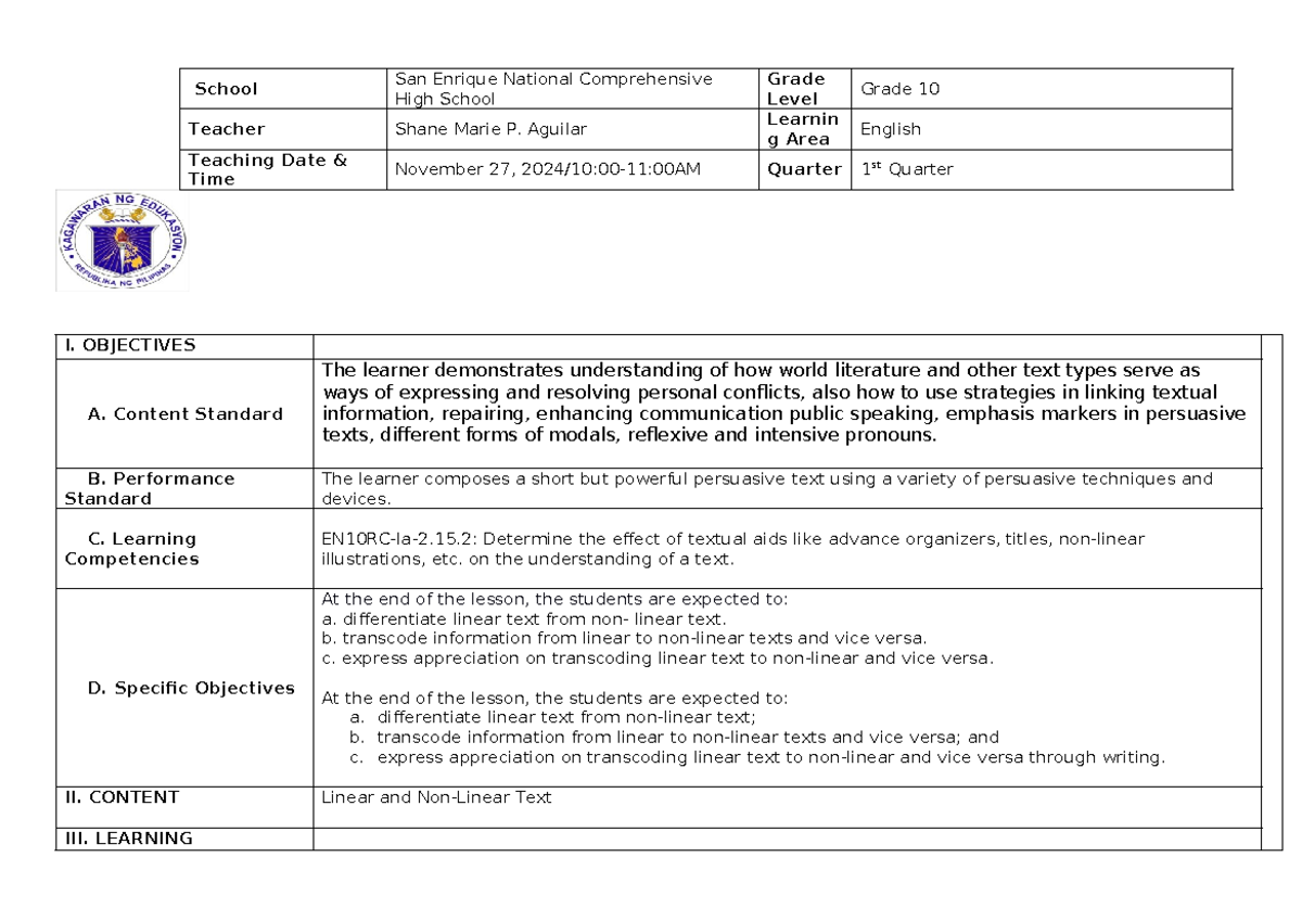 Lesson PLAN linear-and-nonlinear-text - I. OBJECTIVES A. Content ...