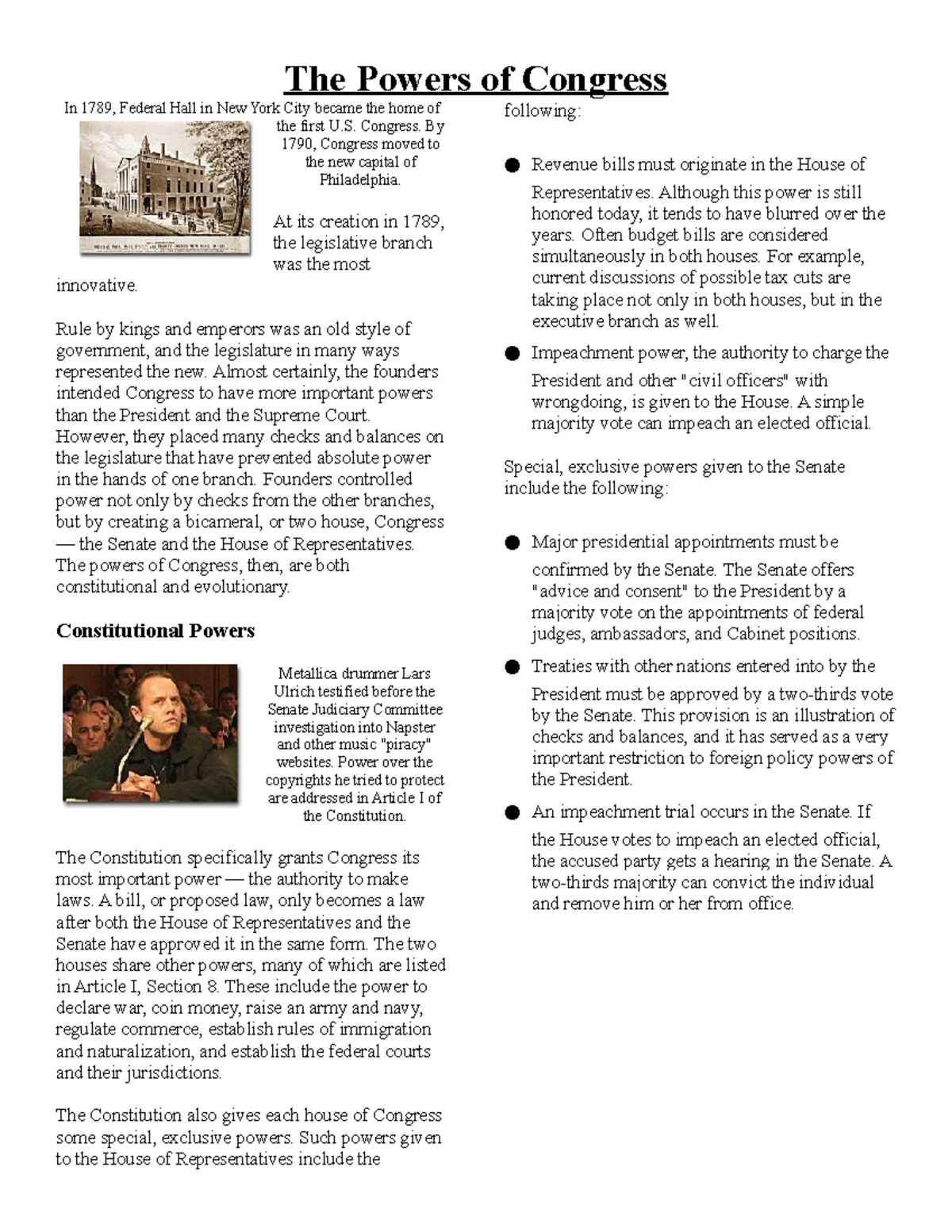 Informational Text Congress The Powersof Congress - The Powers of ...