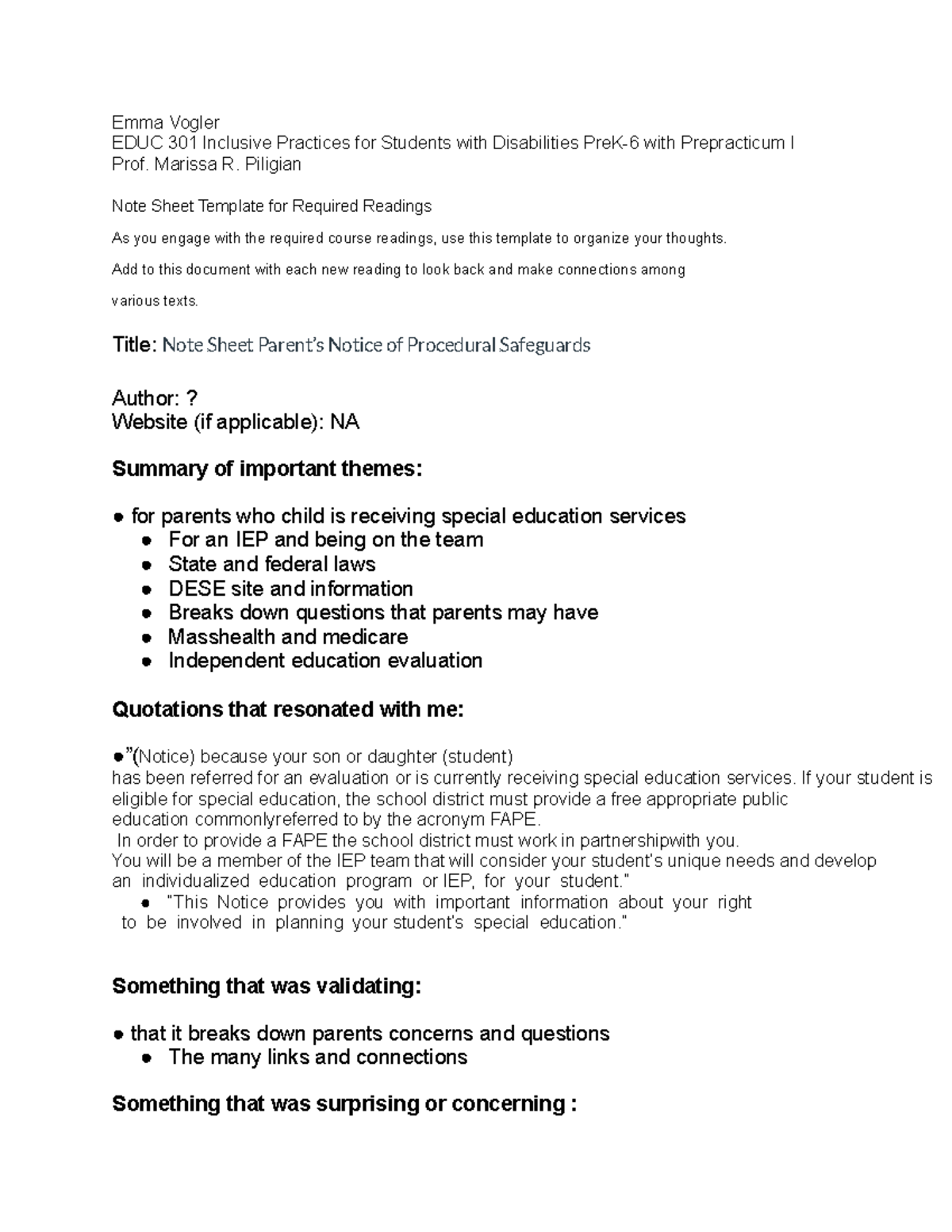 Note Sheet Parent’s Notice of Procedural Safeguards - Emma Vogler EDUC ...