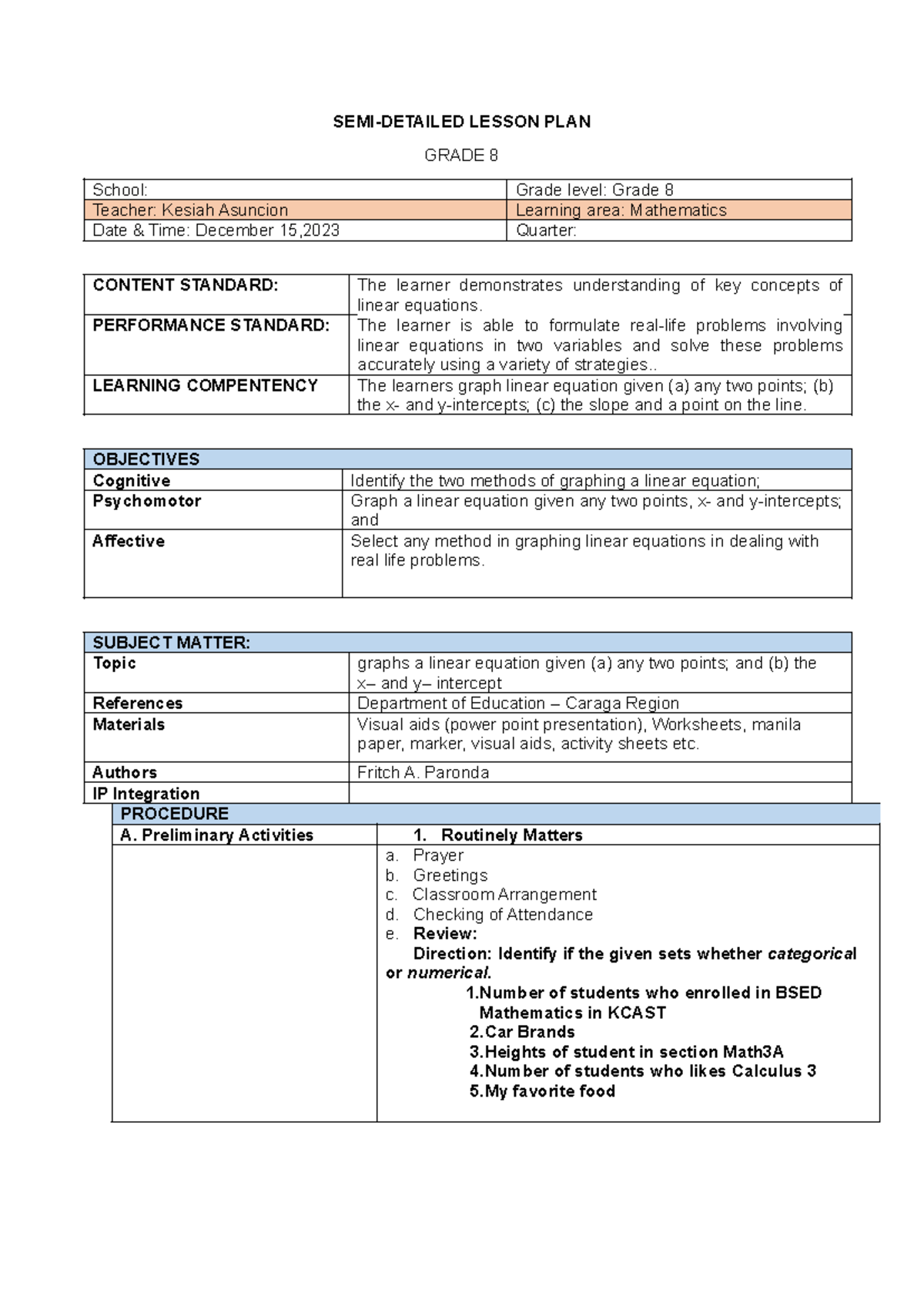 Lesson plan - nothing - SEMI-DETAILED LESSON PLAN GRADE 8 School: Grade ...