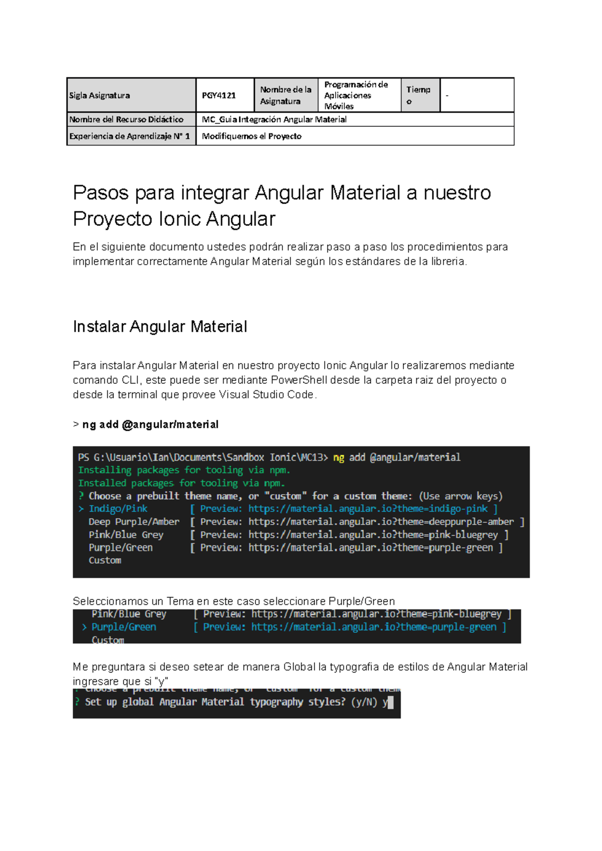 MC Guia Integración Angular Material - Sigla Asignatura PGY4121 Nombre de laAsignatura ...