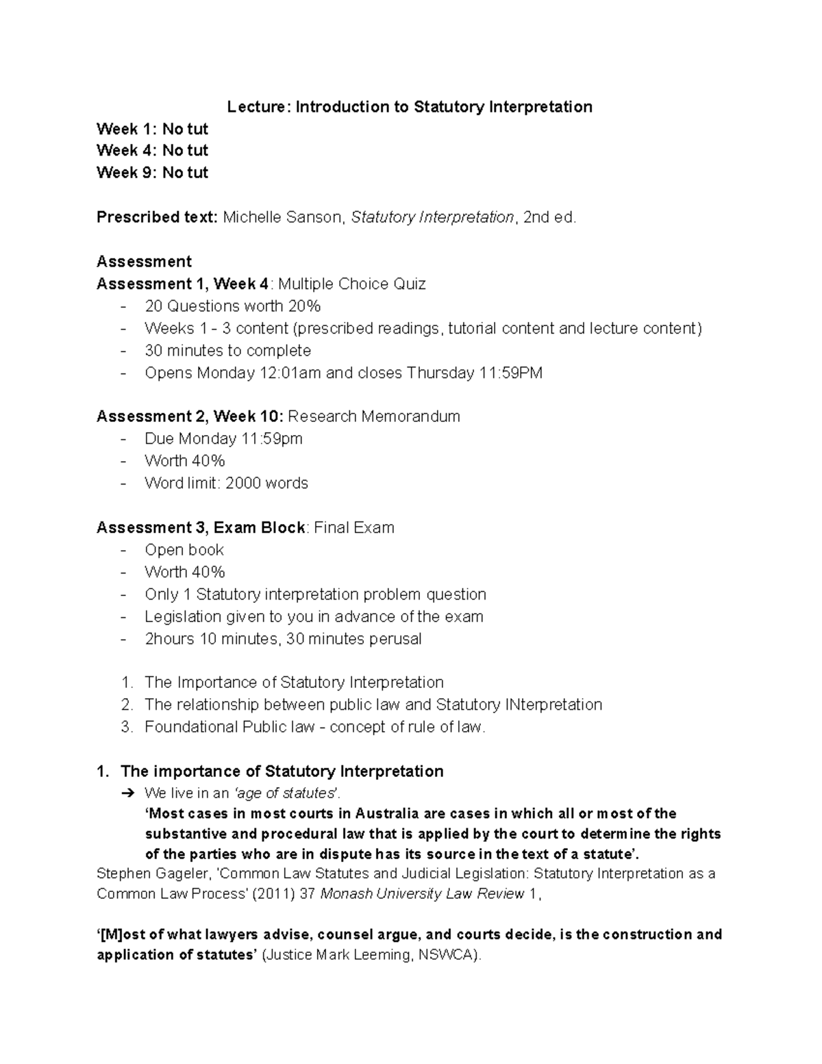 Lecture 1 Introduction To Statutory Interpretation Assessment Assessment 1 Week 4 Multiple