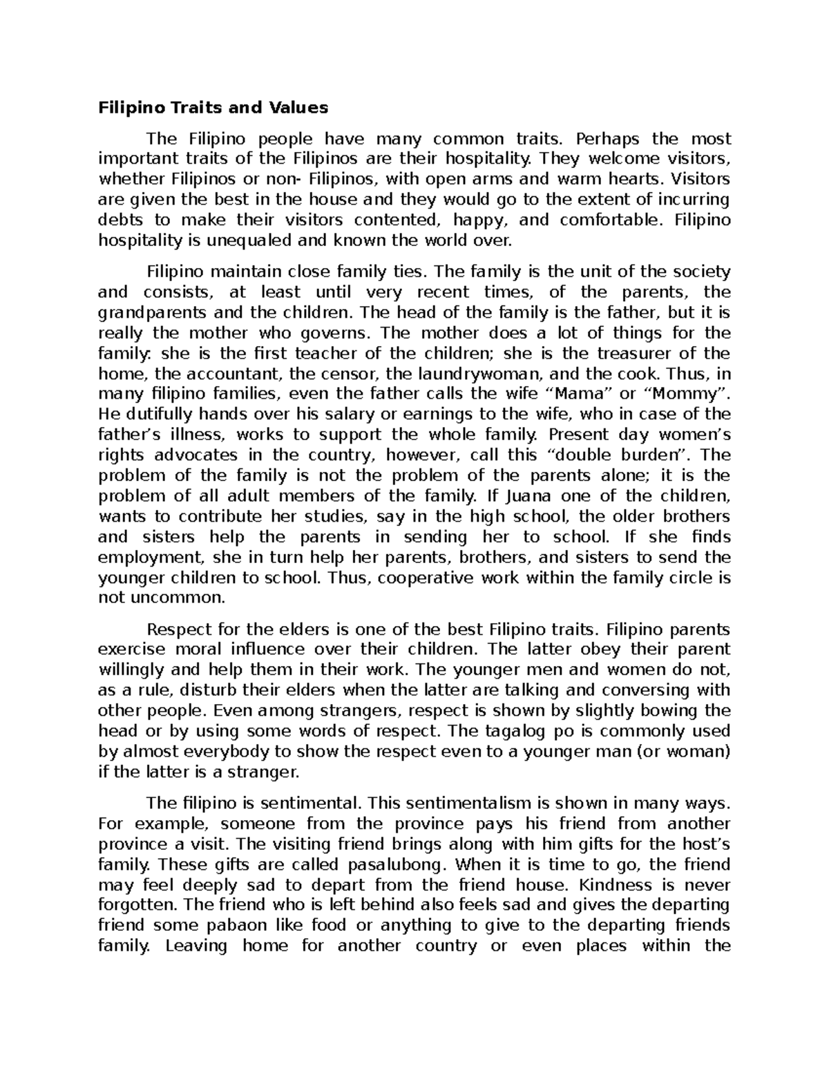 Character Development Notes - Filipino Traits and Values The Filipino ...
