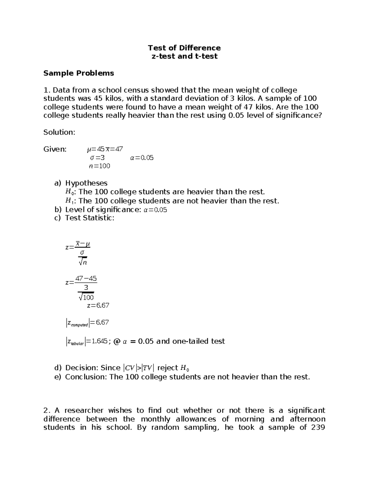 Z Test And T Test Sample With Solution Test Of Difference Z Test And T Test Sample Problems