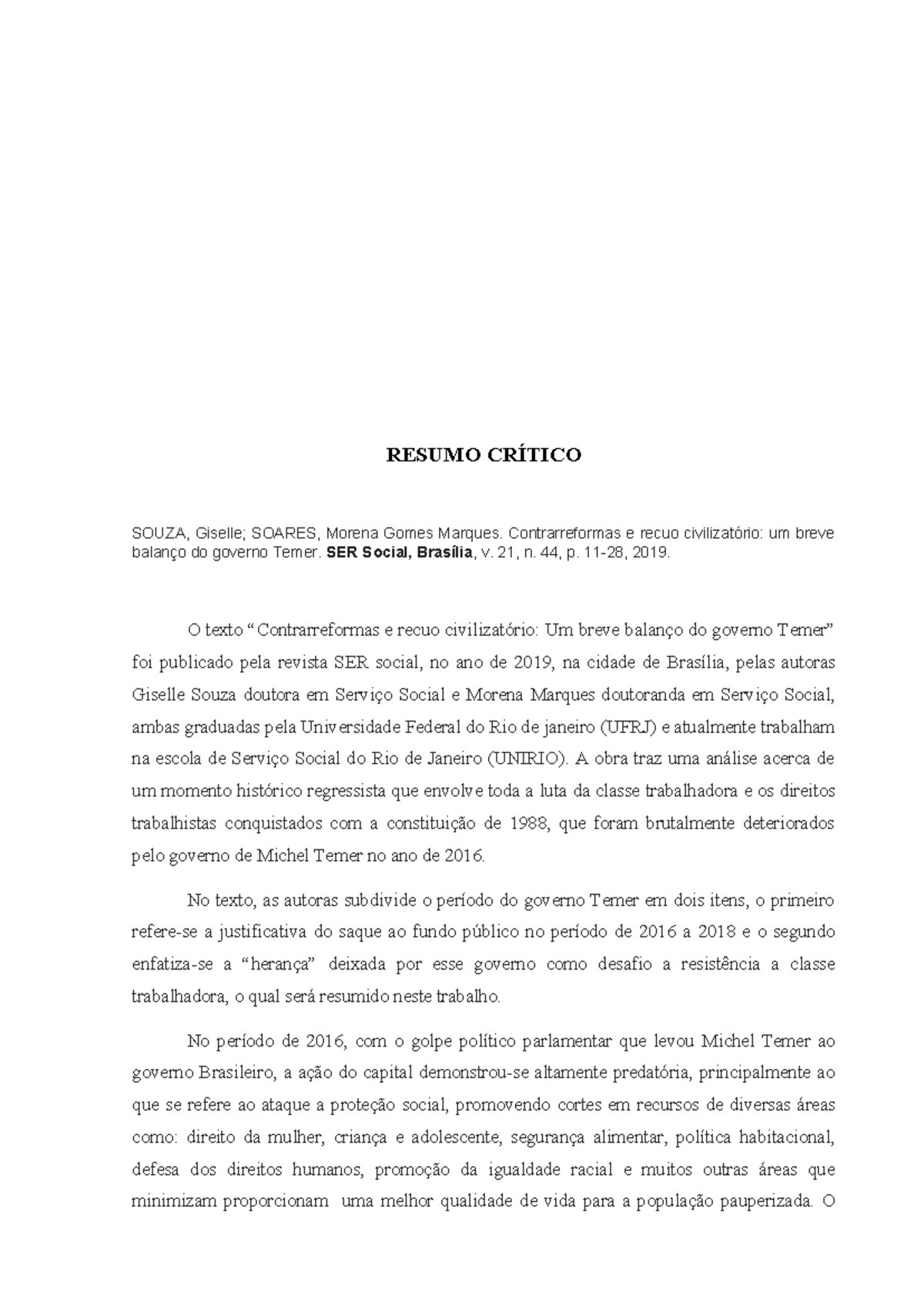 Resumo Critico Seguridade Socialdocx - RESUMO CRÍTICO SOUZA, Giselle ...
