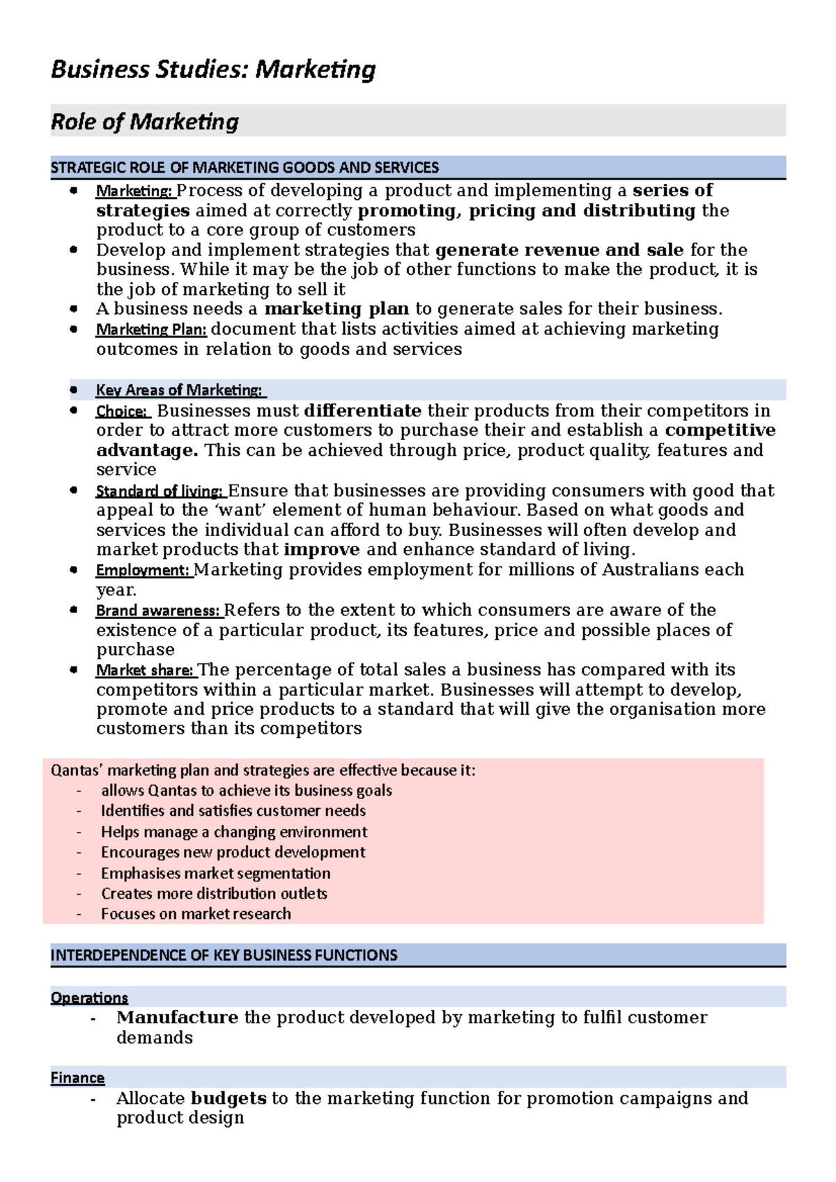 Marketing Notes for business - Business Studies: Marketing Role of ...
