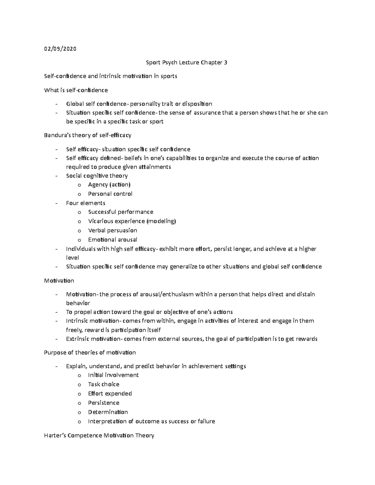 Chapter 3 - Lecture notes 3 - 02/09/ Sport Psych Lecture Chapter 3 Self ...