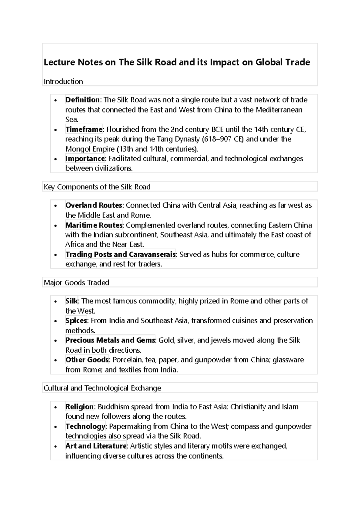 Lecture Notes on The Silk Road and its Impact on Global Trade - Lecture ...