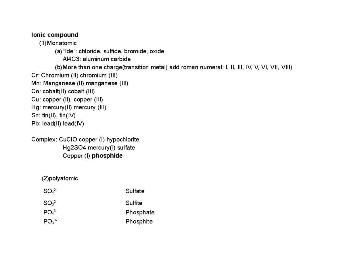 Naming of binary compound - Ionic compound (1)Monatomic (a)“Ide ...
