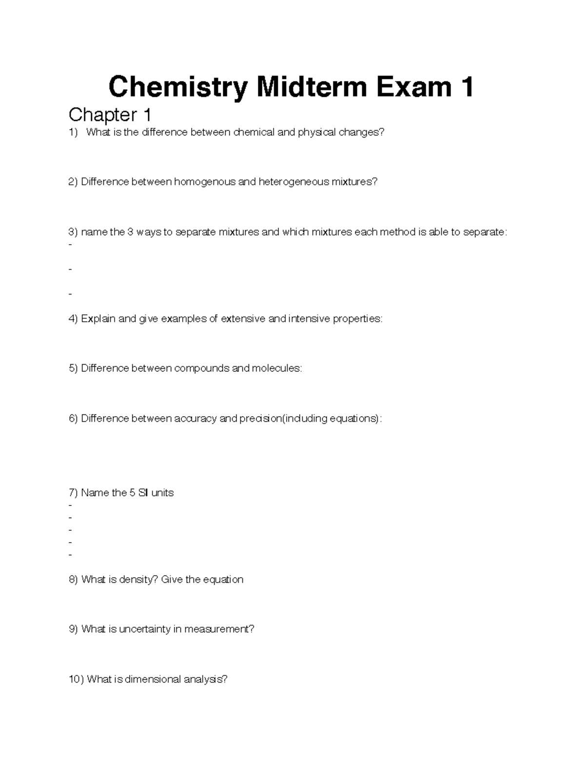 Midterm 2017, questions - Chemistry Midterm Exam 1 Chapter 1 What is ...