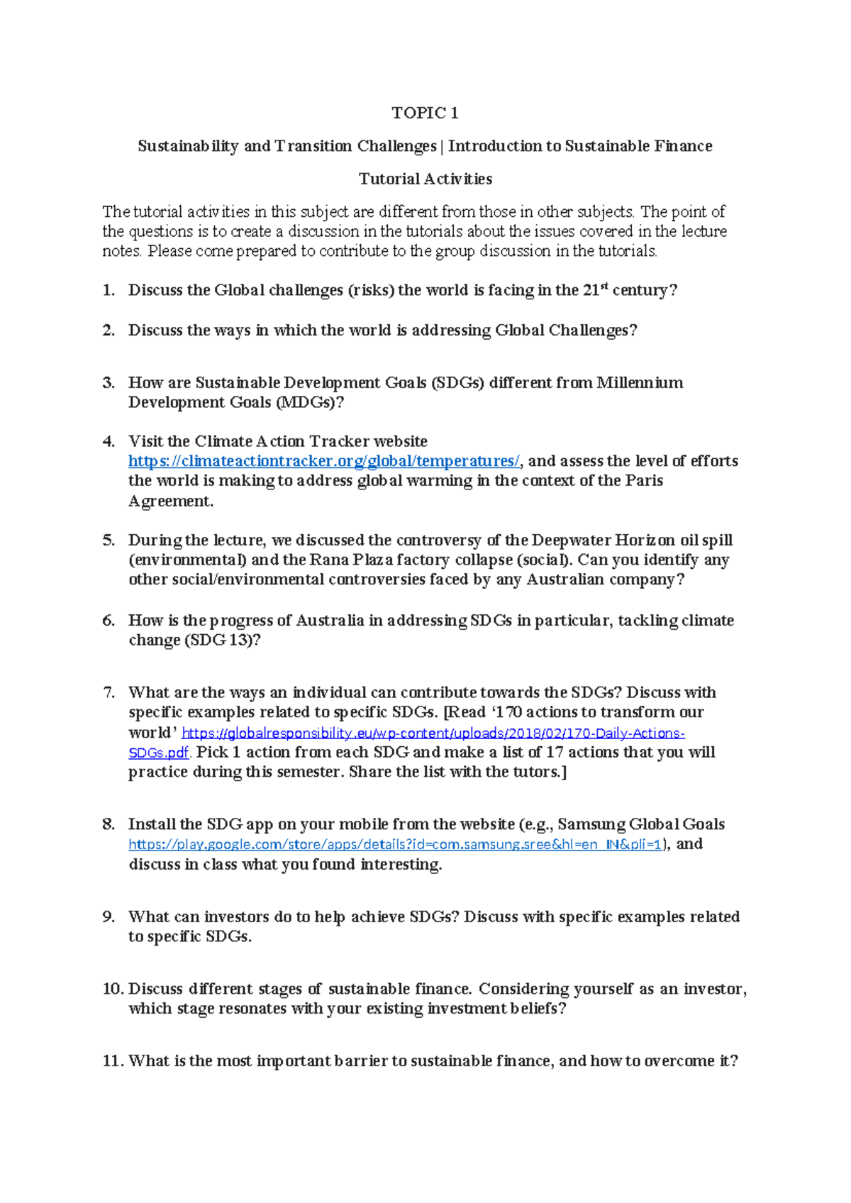 Tutorial Topic 1 Introduction to Sustainable finance - TOPIC 1 Sustainability and Transition ...