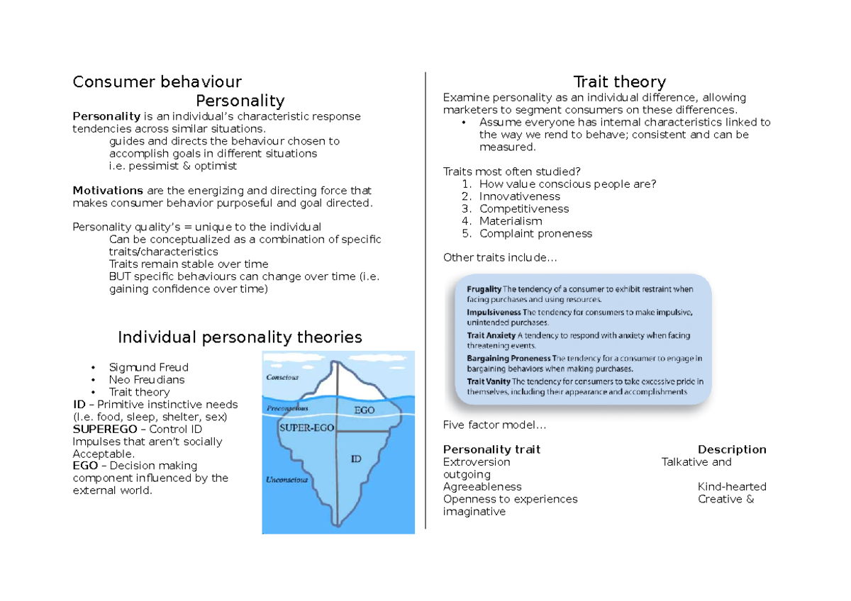 Personality Lecture Notes - Consumer behaviour Personality Personality ...