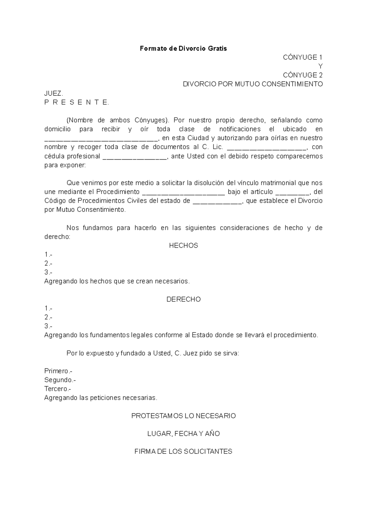 Formato de Divorcio Gratis - Formato de Divorcio Gratis CÓNYUGE 1 Y ...