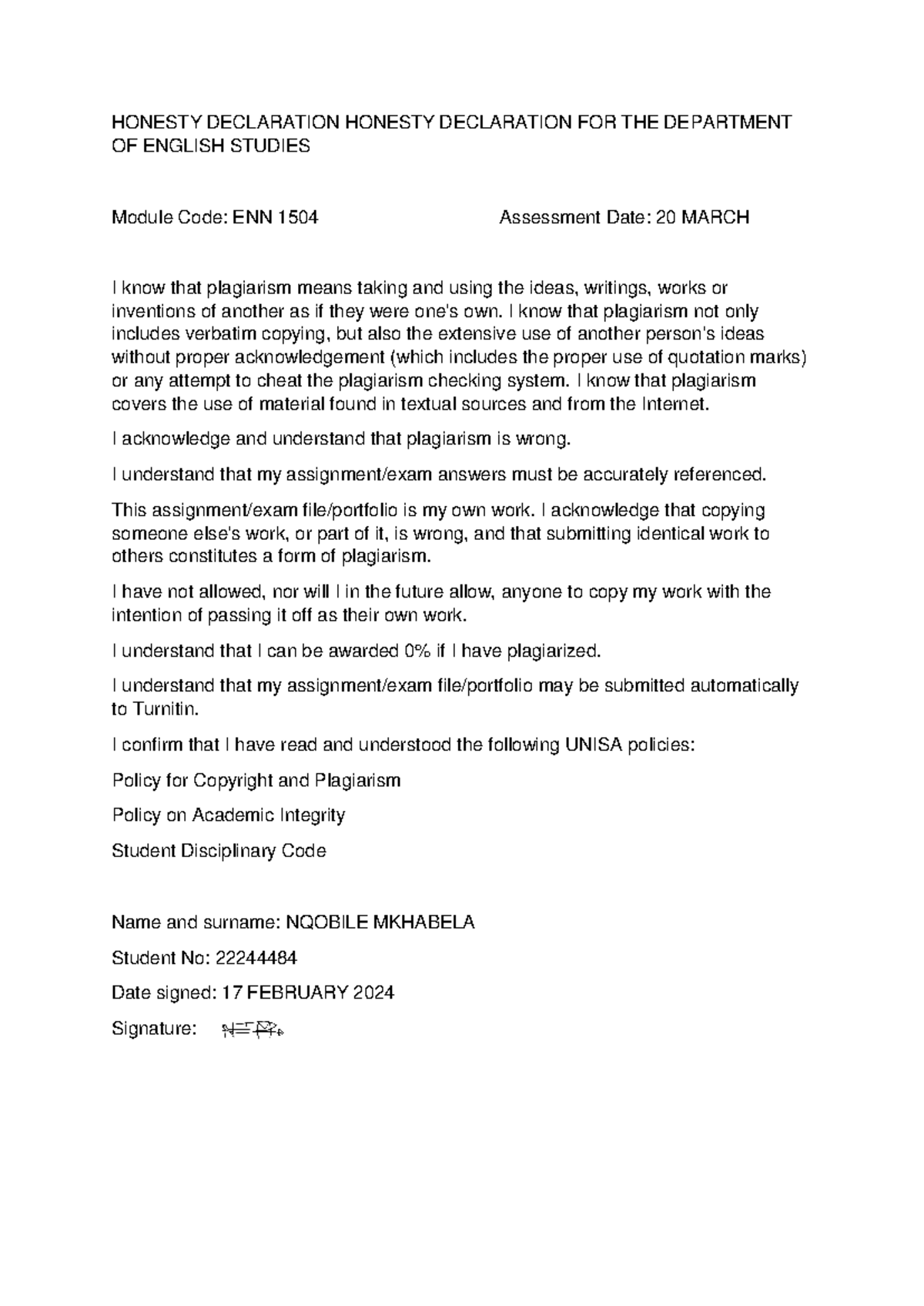 Honesty Declaration Honesty Declaration FOR THE Department OF English ...