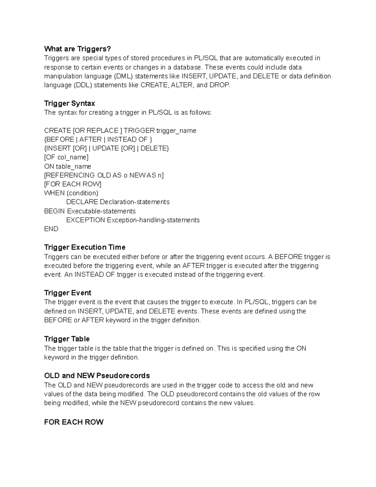 Triggers Here Are The Lecture Notes Of Database Management System Course The Language What