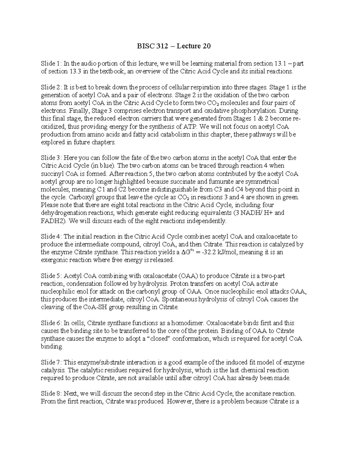 Castro Lecture 20 audio notes - BISC 312 – Lecture 20 Slide 1: In the ...