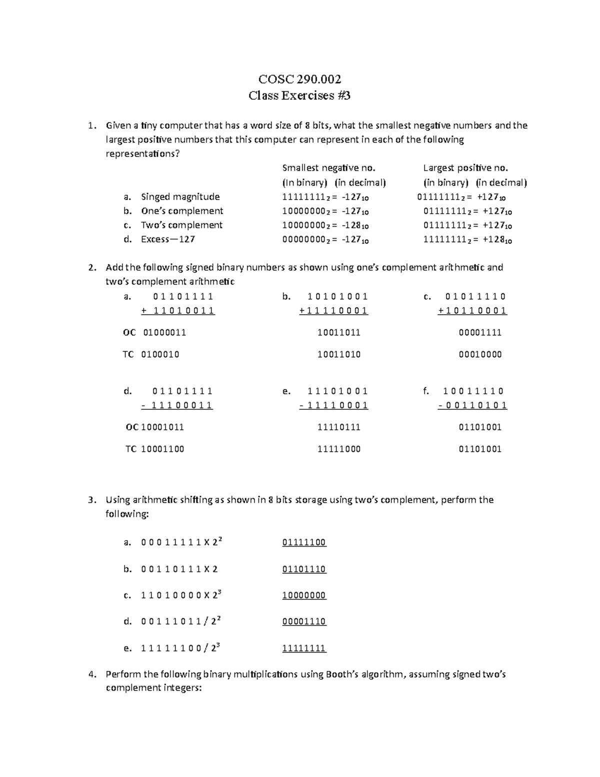 Class exercise 3 - COSC 290. Class Exercises Given a tiny computer that has a word size of 8 ...