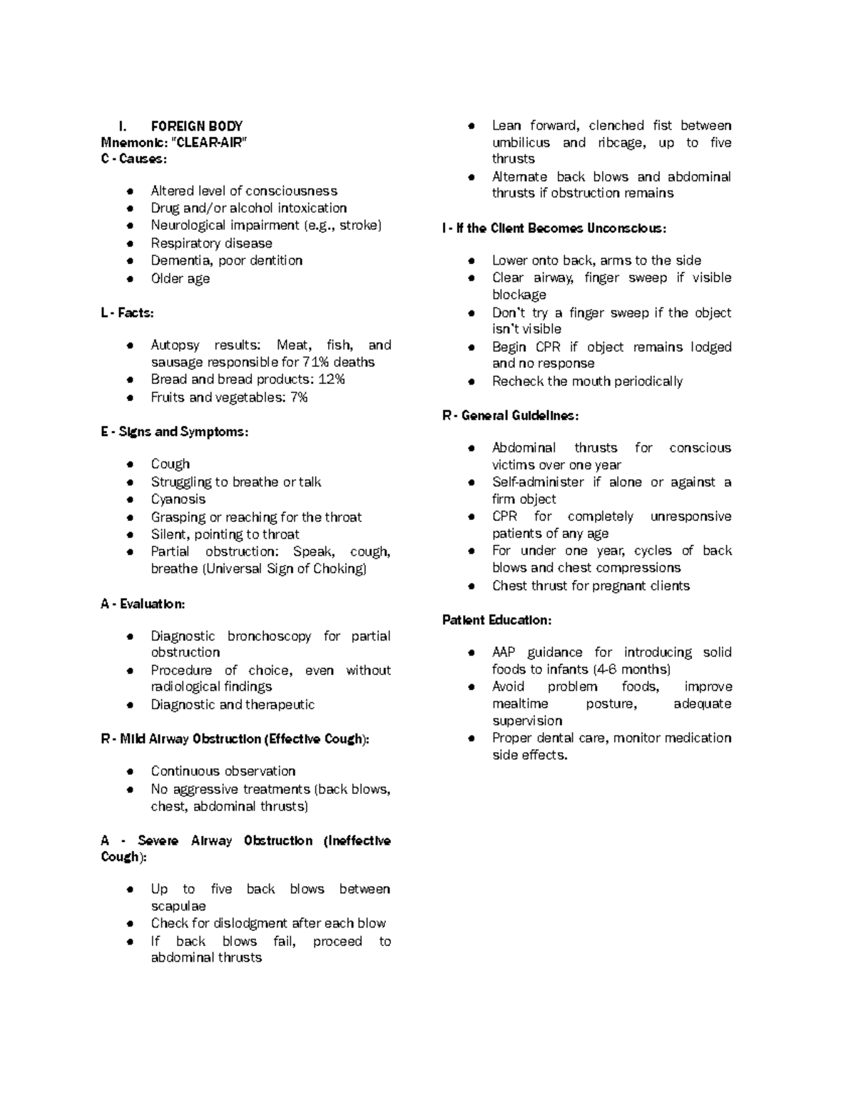 Mnemonics Airway - EMERGENCY NOTES - I. FOREIGN BODY Mnemonic: "CLEAR ...