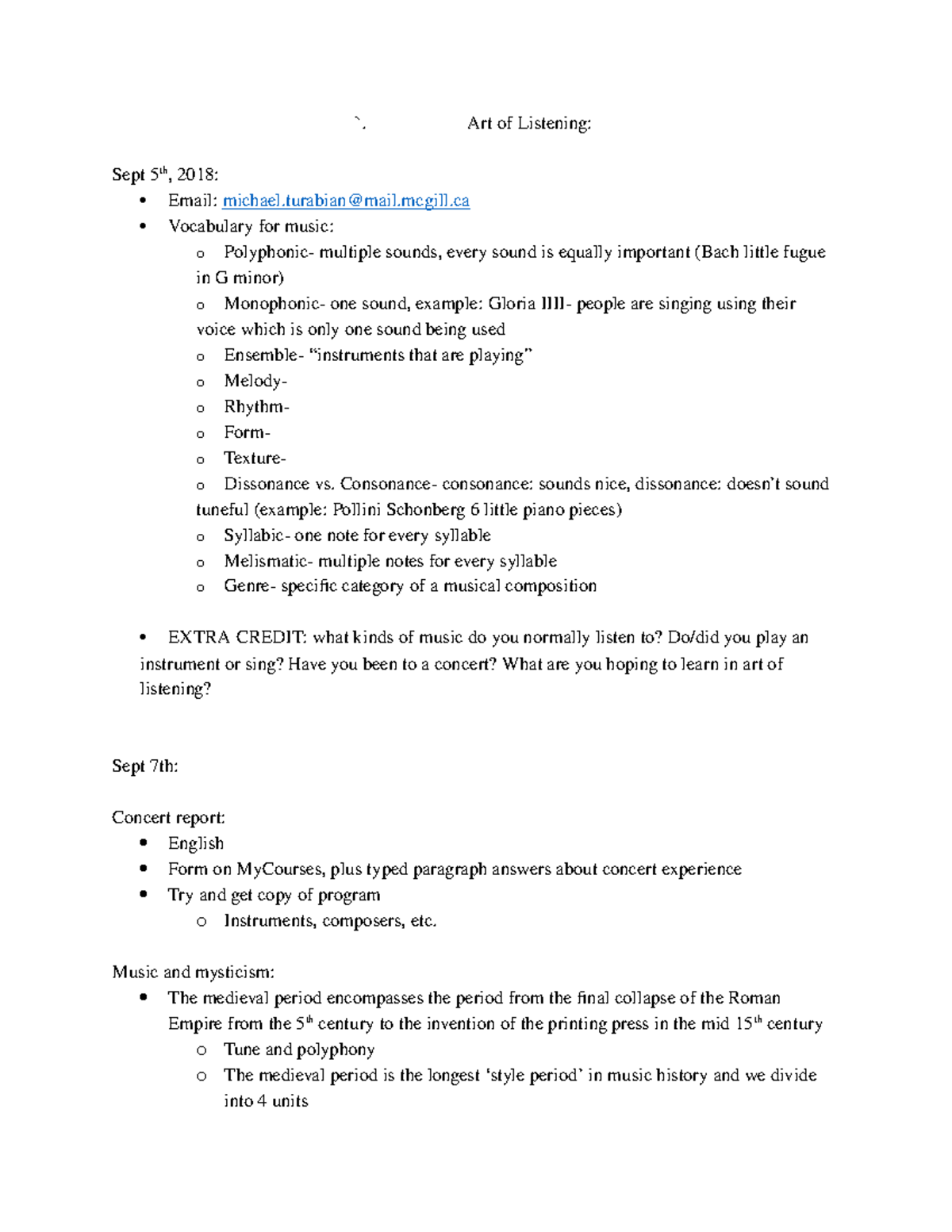 Art of Listening- lecture notes - `. Art of Listening: Sept 5th, 2018 ...