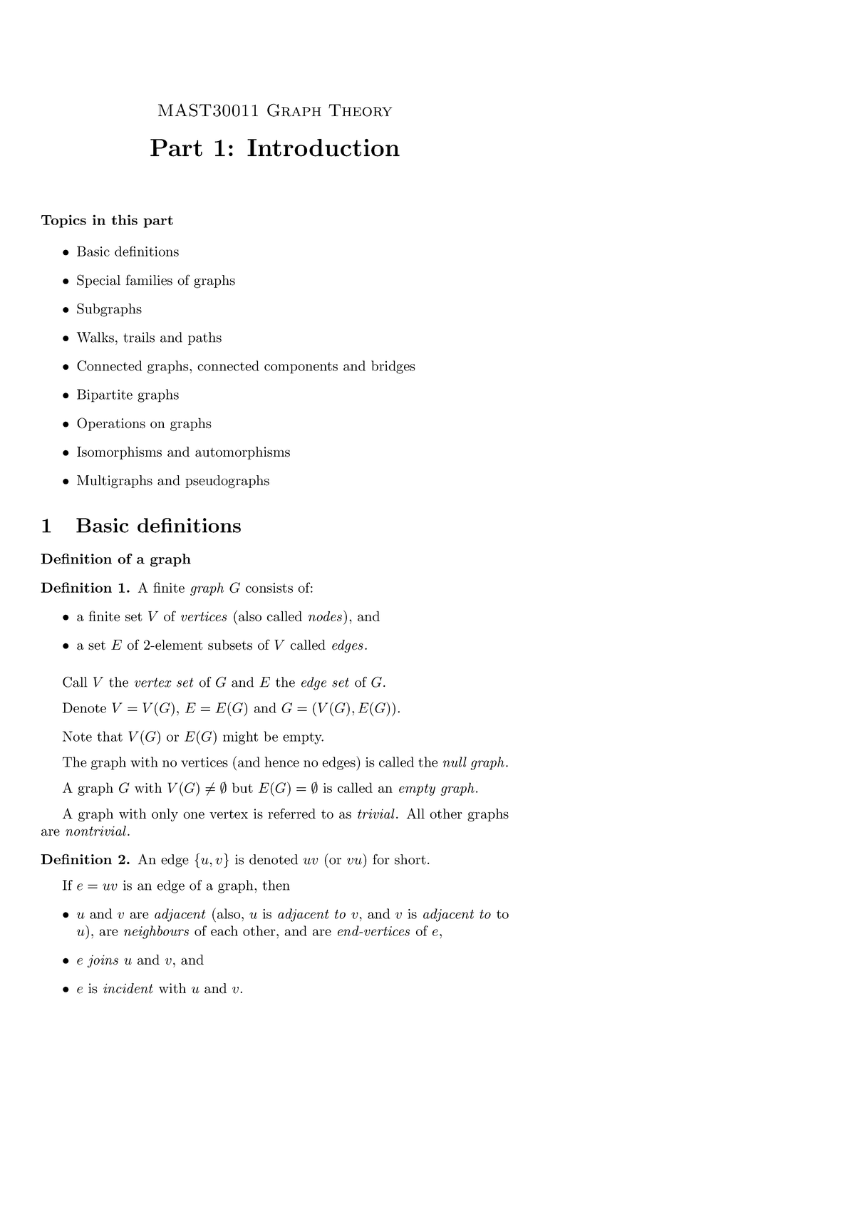 1. Introduction - MAST30011 Graph Theory Part 1: Introduction Topics in ...