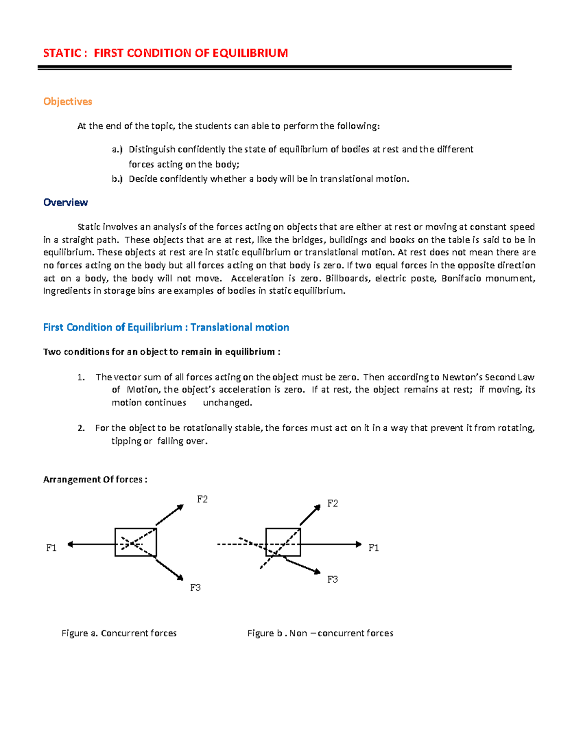 Physics Midterm - STATIC : FIRST CONDITION OF EQUILIBRIUM Objectives At ...
