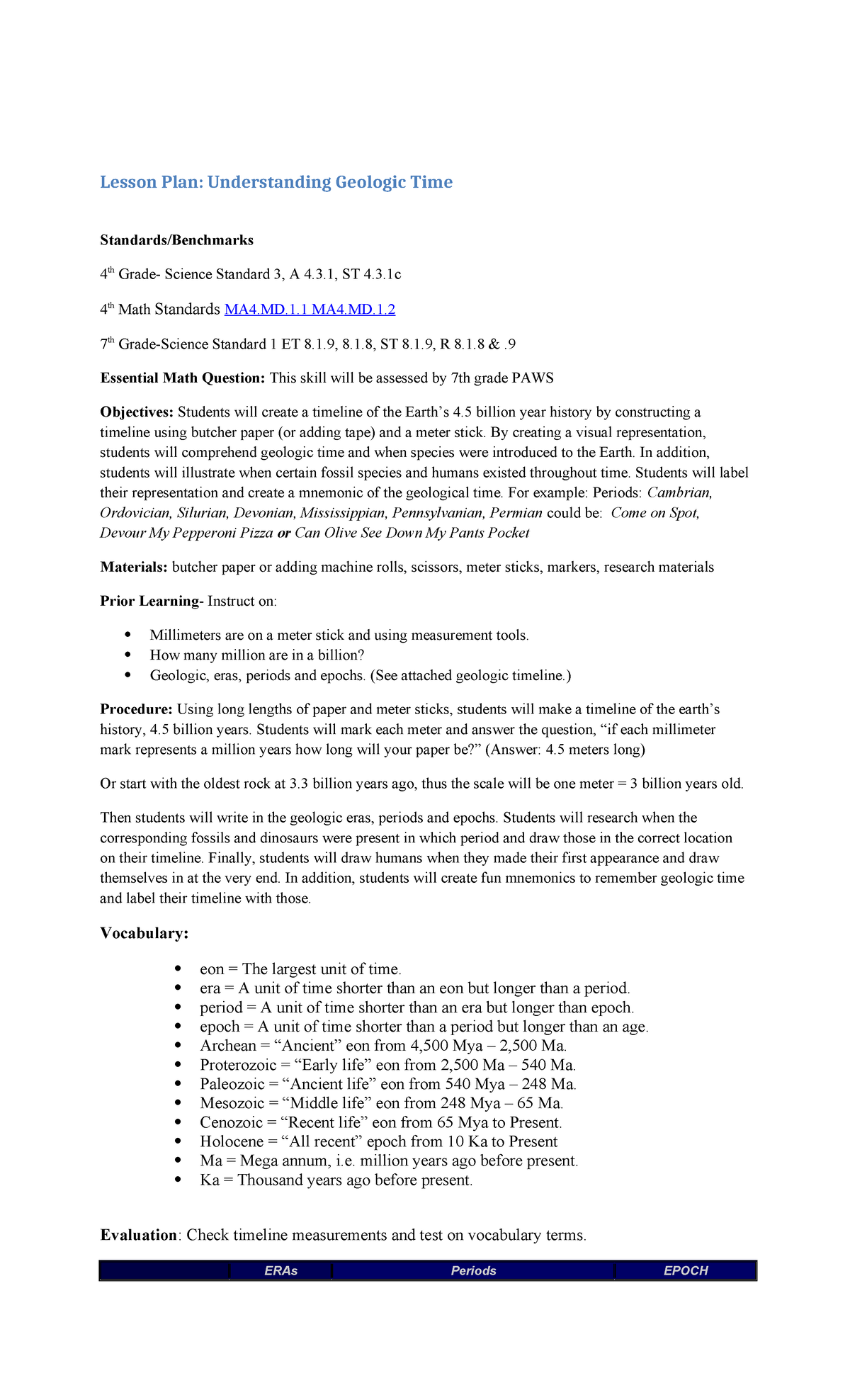 Lessonplangeologictime - Lesson Plan: Understanding Geologic Time ...