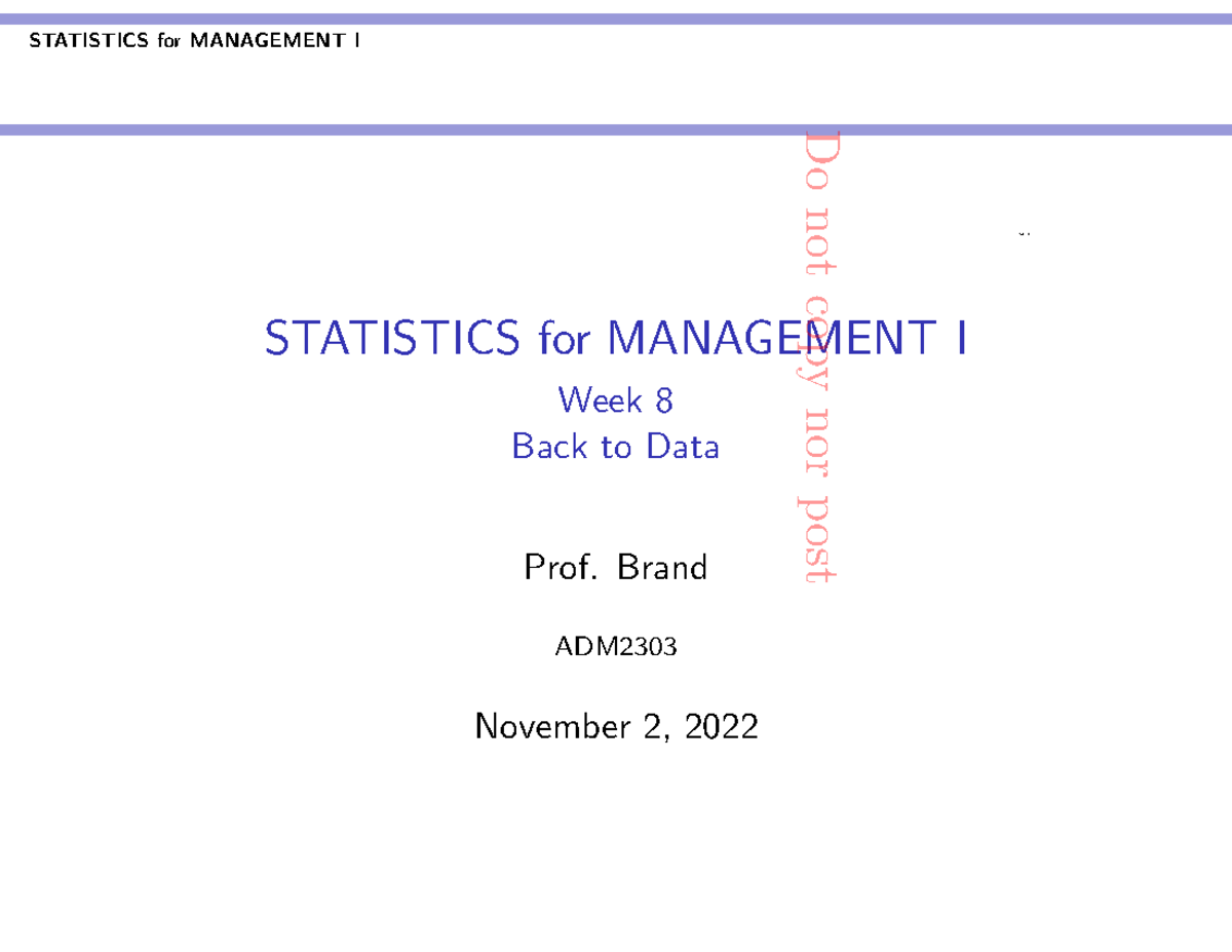 Handout W 8 - STATISTICS for MANAGEMENT I STATISTICS for MANAGEMENT I ...