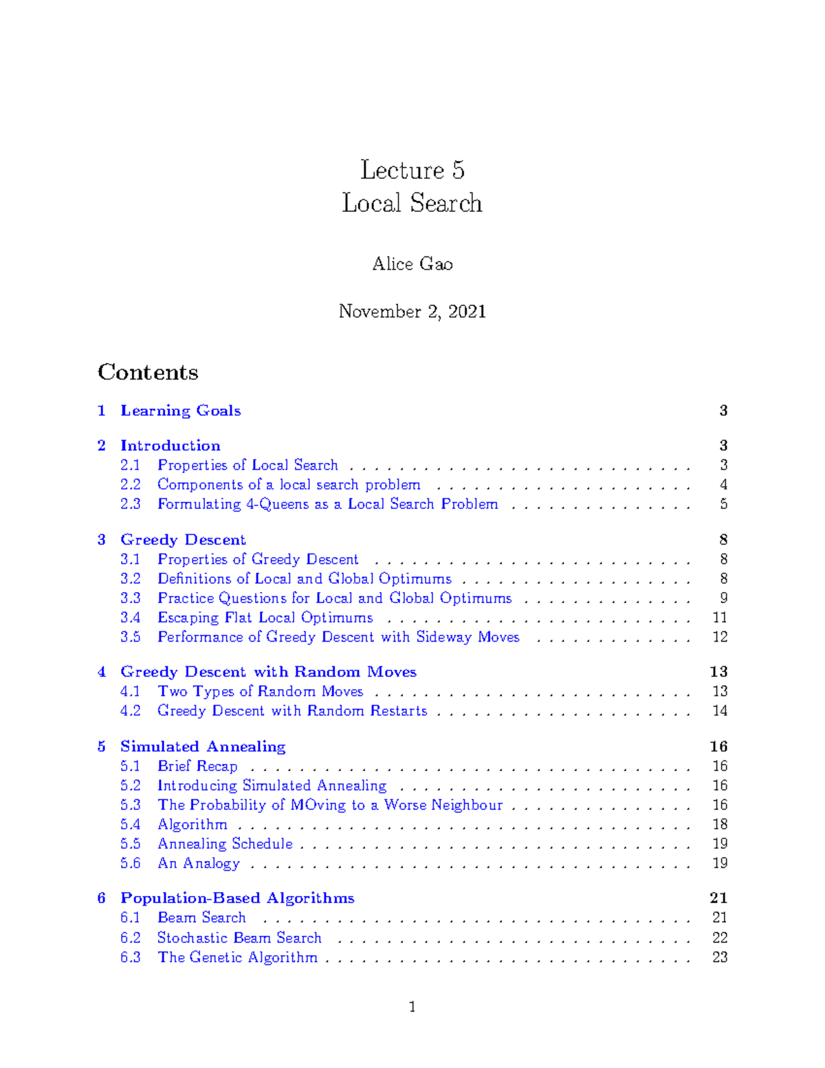 Lecture 05 on Local Search - Local Search - Lecture - November 2, Alice Gao 1 Learning Goals ...