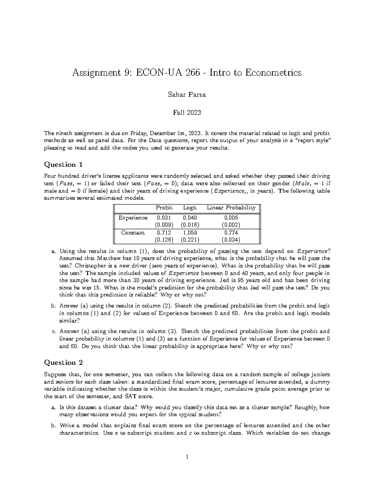 Assignment 9 - eocnom - Assignment 9: ECON-UA 266 - Intro to Econometrics Sahar Parsa Fall 2023 ...