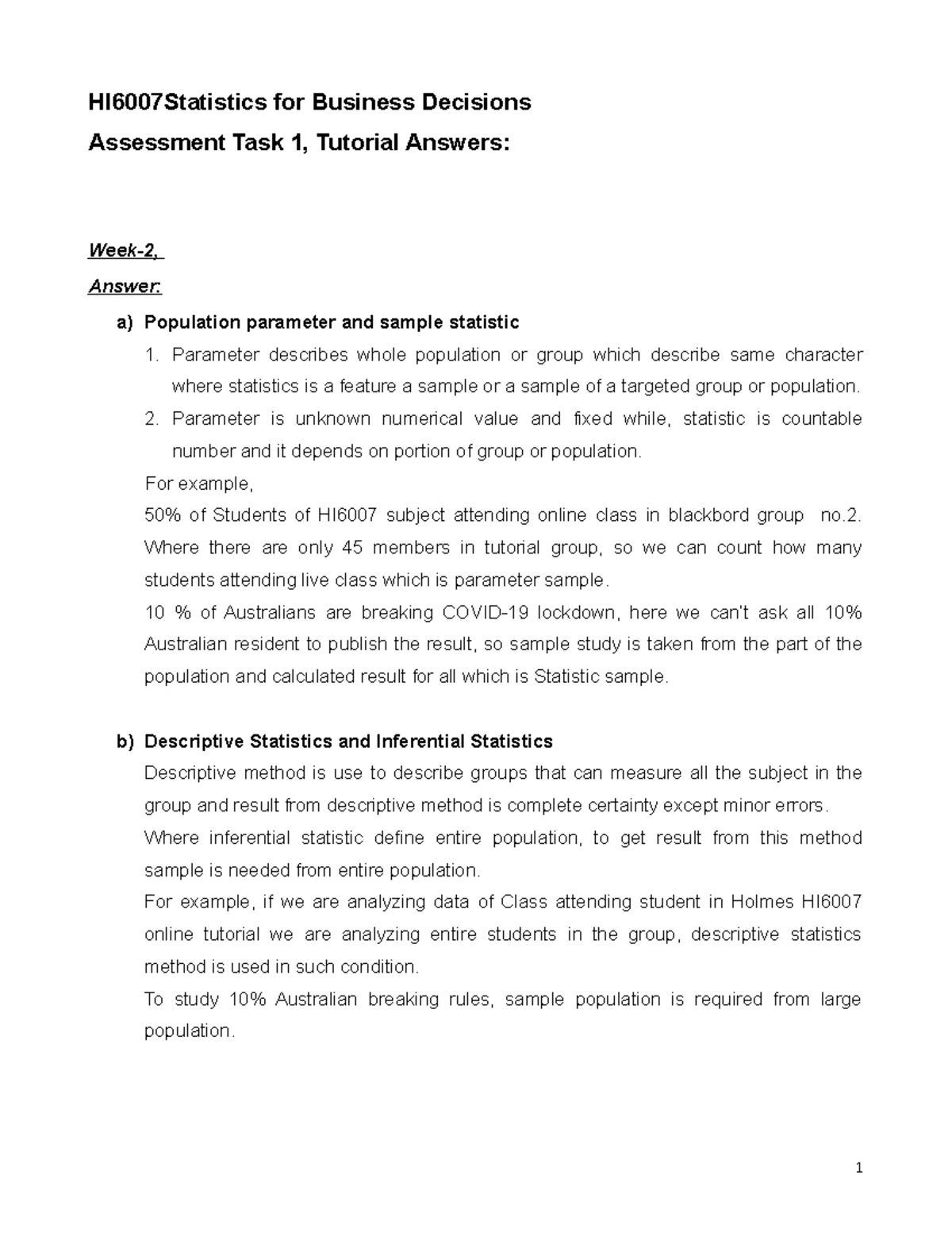 HI6007 Tutorial Answers Assignment 1 - HI6007 - Studocu