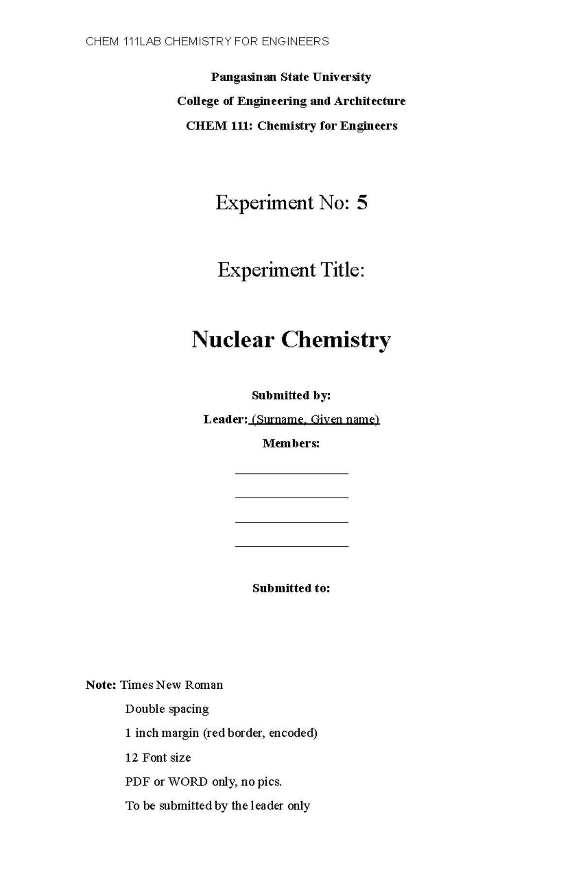 Activity 5 Nuclear Chemistry - Chemistry for Engineers - PangSU - Studocu