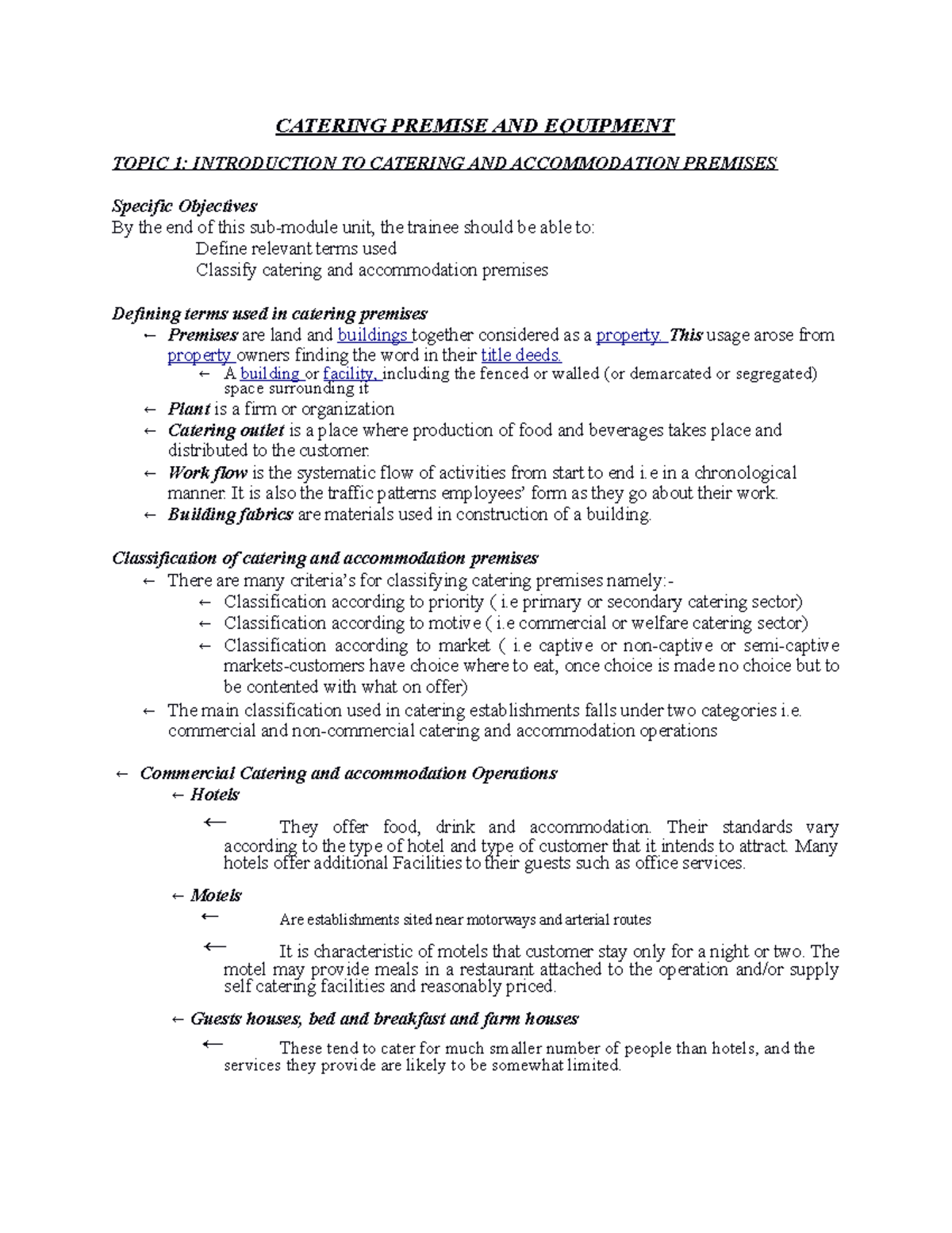 Catering premise notes 3 - CATERING PREMISE AND EQUIPMENT TOPIC 1 ...