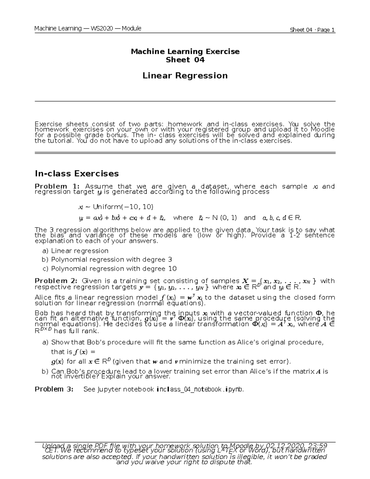 Exercise 04 linear regression in Papier Form - Machine Learning — WS2020 — Module IN Sheet 04 ...