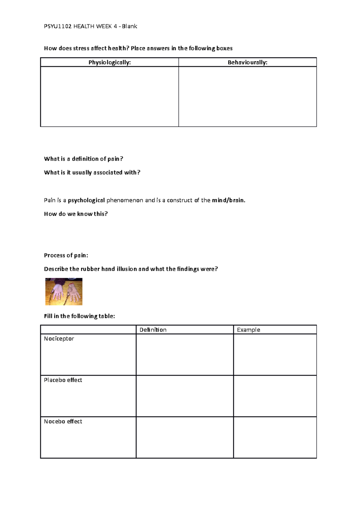 PAL Session Week 4 Health Psychology Blank Workbook - PSYU1102 HEALTH ...