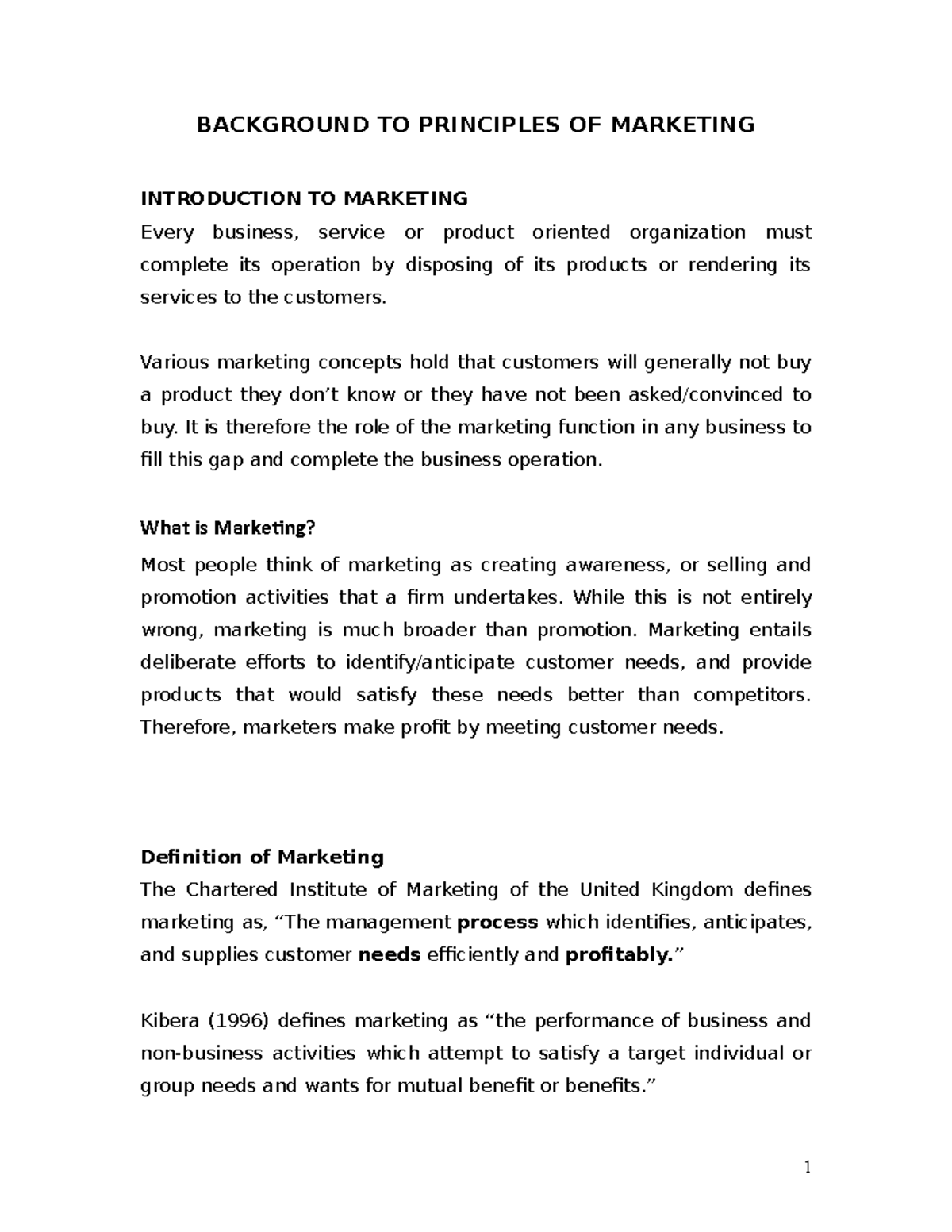 Int to mkt - Introduction and definition of marketing - BACKGROUND TO ...