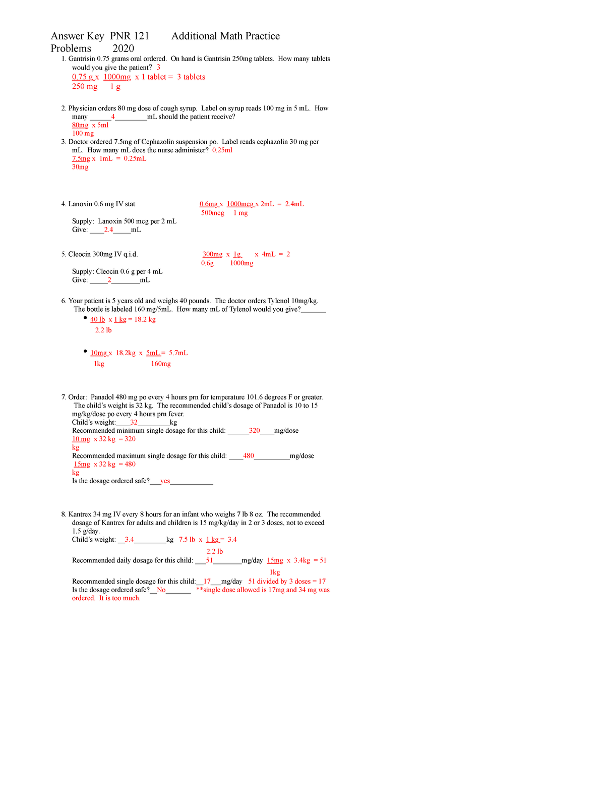 PNR 121 Math Practice Test Answer Key PNR 121 Additional Math