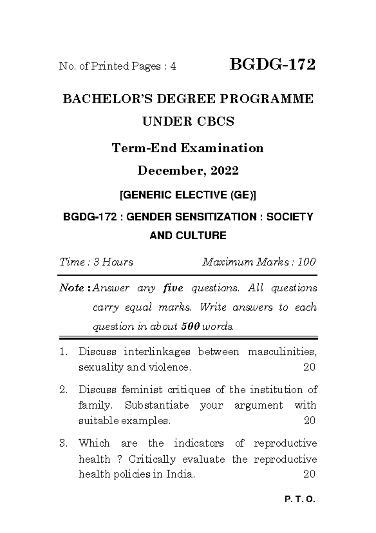 BGDG-172 - For read - P. T. O. No. of Printed Pages : 4 BGDG- BACHELOR ...