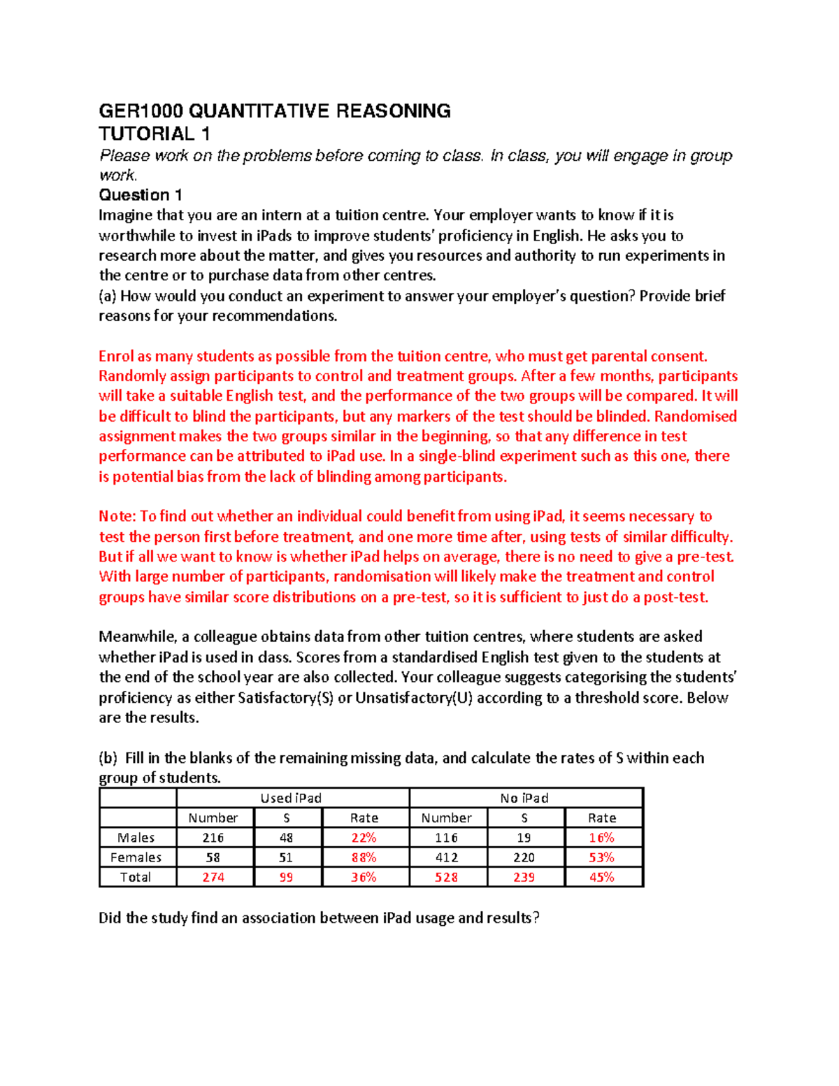 Tutorial 1 solution - GER1000 QUANTITATIVE REASONING TUTORIAL 1 Please work on the problems ...