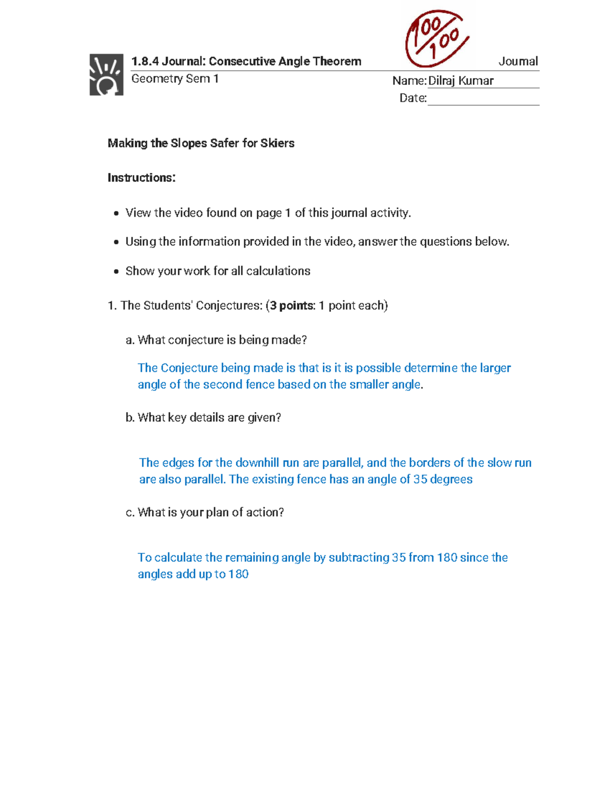 1.8.4 Journal - Consecutive Angle Theorem (Journal) - 1.8 Journal ...