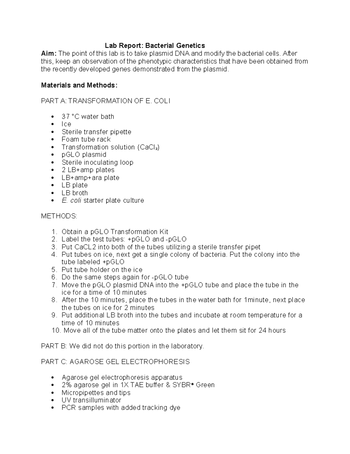 Bacterial Genetics Formal Lab Report - Lab Report: Bacterial Genetics ...