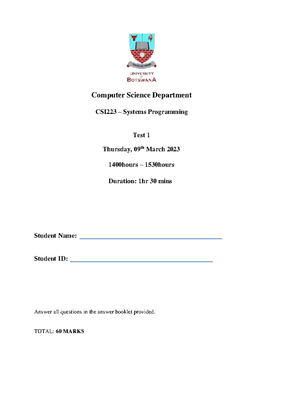 Test 1 csi223 withsolns 2023 - Computer Science Department CSI223 ...