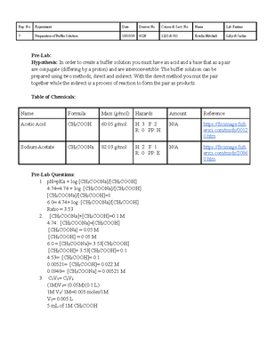 Pre-Lab Exp. 8 - General Chemistry II Lab Pre-Lab assignment for exp. 8 - Exp. No Experiment ...